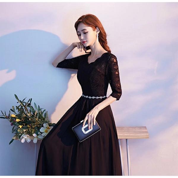 ロングドレス 袖付き 結婚式ワンピース 演奏会用ドレス Aライン