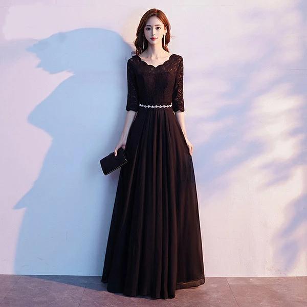 ロングドレス 袖付き 結婚式ワンピース 演奏会用ドレス Aライン