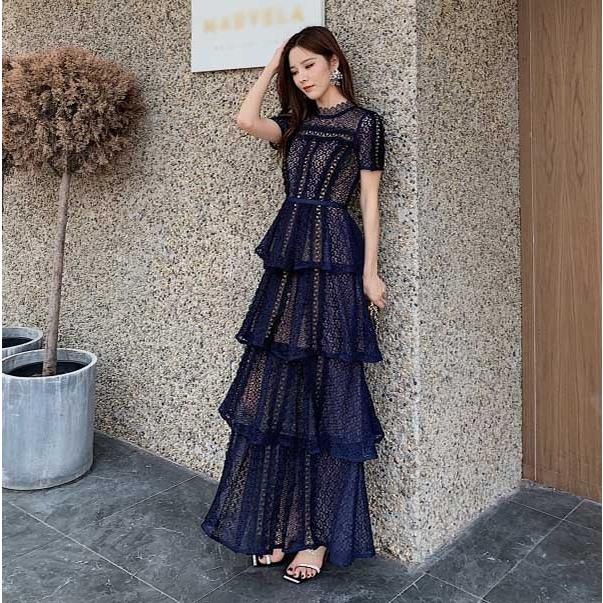 パーティードレス レース ワンピース スタンドカラー ロングドレス