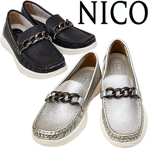 ニコ（ファション） NICO ニコ NS 2502 レディース ローファー 本革 超軽量 幅広 チェーン装飾 キラキラ フラットソール 返りが ...