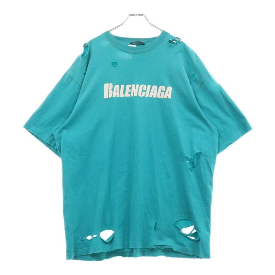 BALENCIAGA バレンシアガ Caps Destroyed Flatground Tee デストロイ加工半袖Tシャツ カットソー ブルー ...