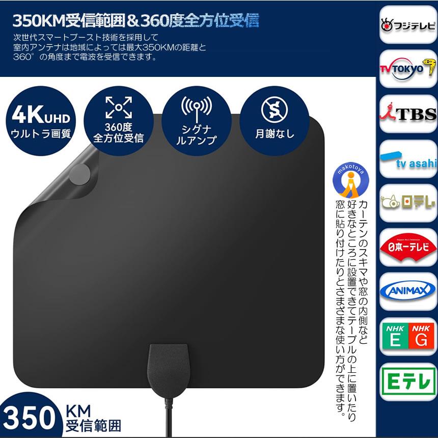360度全方位受信 貼るだけアンテナ 室内アンテナ 350KM 受信範囲 4K HDTV テレビ 地デジ 高感度 小型 軽量 USB UHF ...