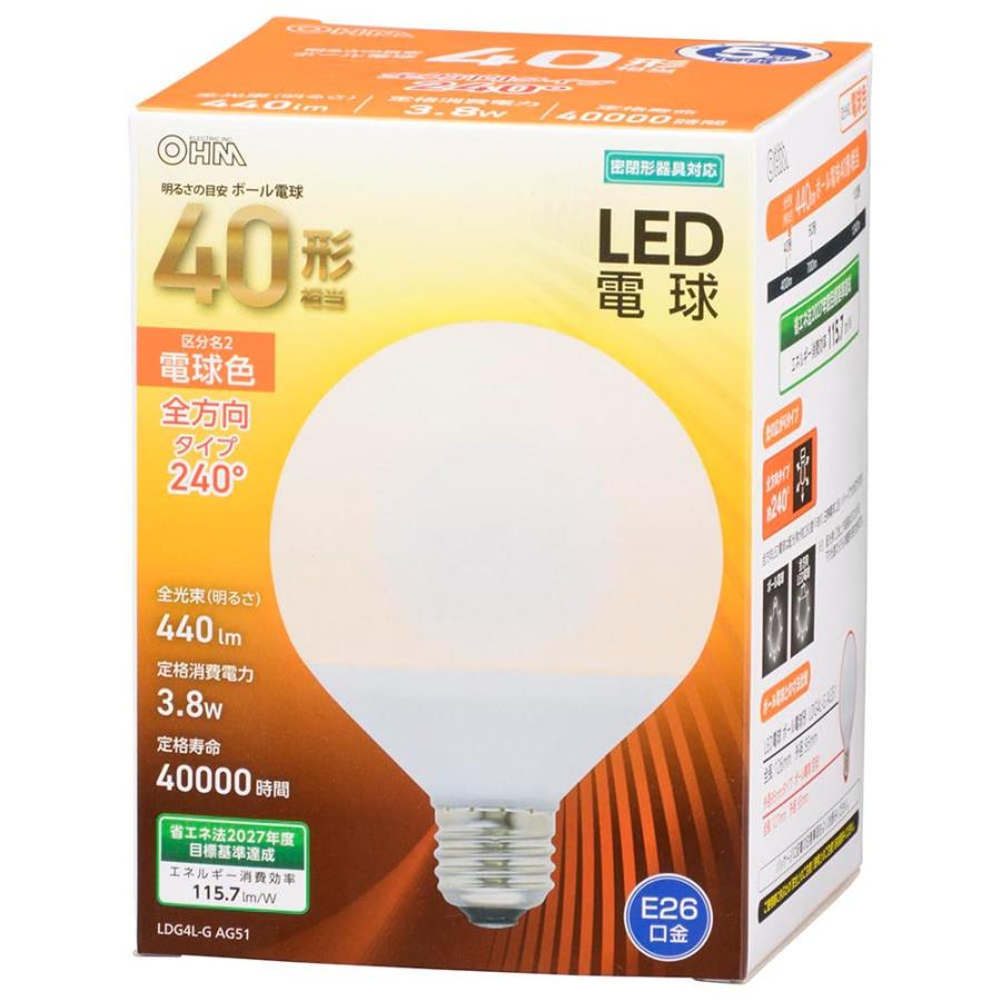 オーム電機 LED電球 ボール電球形 E26 40形相当 電球色 LDG4L-G AG51 06-3161 OH : SHOP EVERGREEN - 通販 - Yahoo!ショッピング