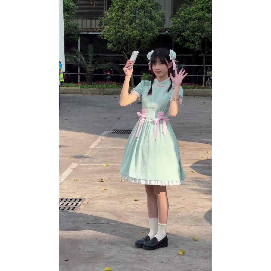 チャイナドレス ワンピース ブラック グリーン 中華風 ロリータ A