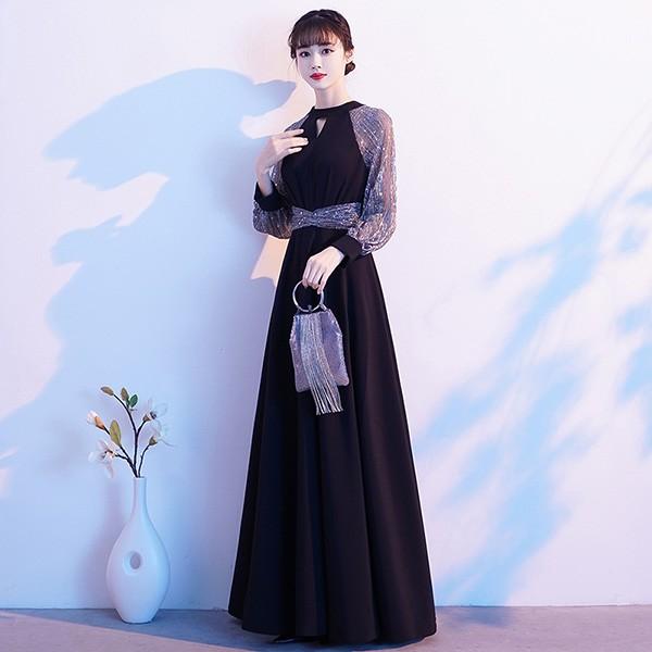 【送料無料】ドレス 大人 ピアノ 発表会 ロングドレス 演奏会 結婚式 母親 ピアノ発表会 黒ドレス 袖付き キラキラ グラデーション ワンピース 半袖 ドレス 大人 ピアノ 発表会 ロングドレス 演奏会 結婚式 母親 ピアノ