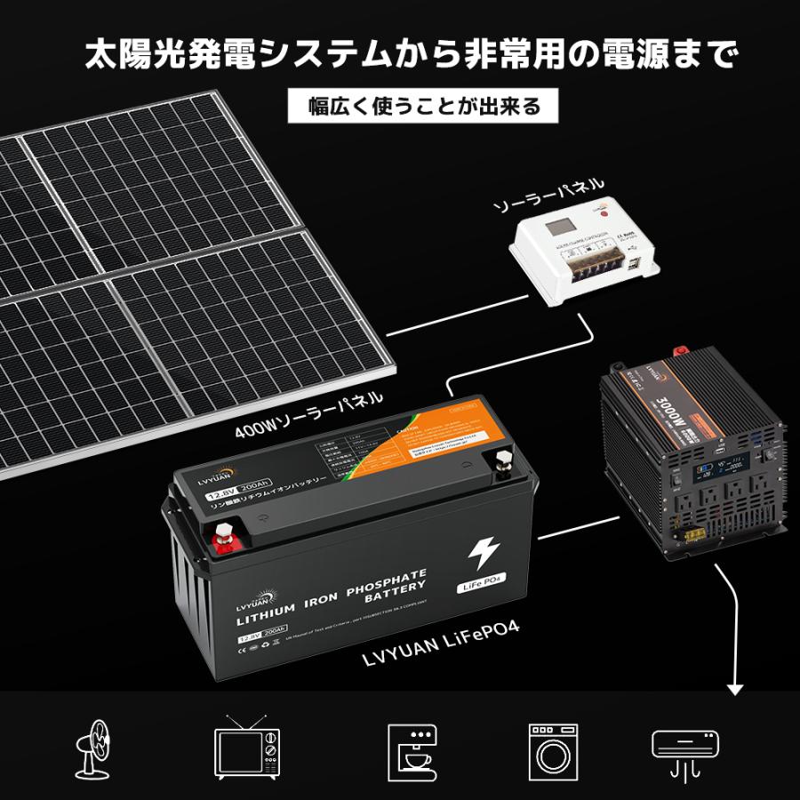 LVYUAN リン酸鉄リチウムイオンバッテリー 12.8V/200AH 2.56KWH 大容量 BMS LiFePO4 自由DIY 容量拡張可能 RV キャンピング 【5年保証】4000 ...