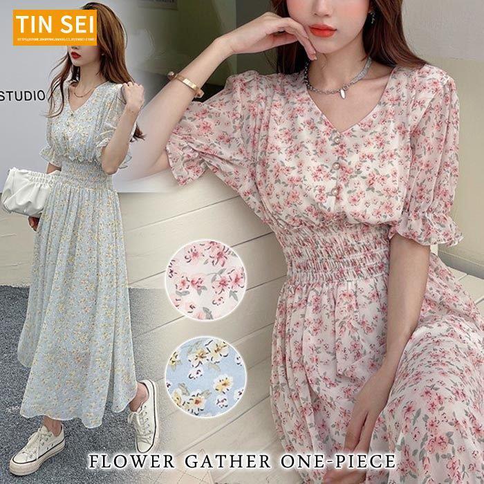 ワンピース レディース 秋 冬 秋冬 白 花柄 半袖 ロング ミディアム ミモレ きれいめ フラワー柄 マキシ Vネック ホワイト ブルー ...