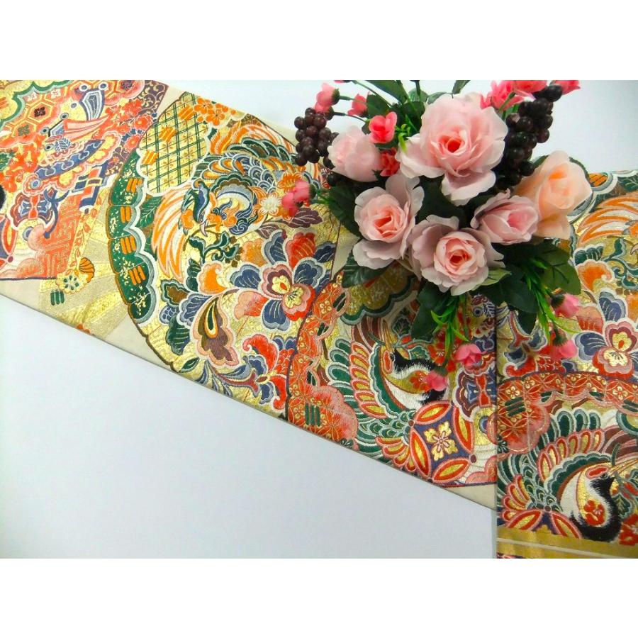16)1726】186cm/大正昭和時代の帯からリメイク/扇面花鳥文/タペストリー・テーブルランナー : 峯風堂 - 通販 - Yahoo!ショッピング