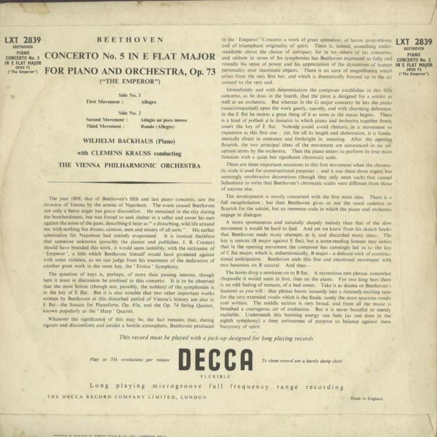＜中古クラシックLPレコード＞ベートーヴェン：ピアノ協奏曲5番Op.73「皇帝」/W．バックハウス（pf）C．クラウス指揮ウィーンpo．/英 ...