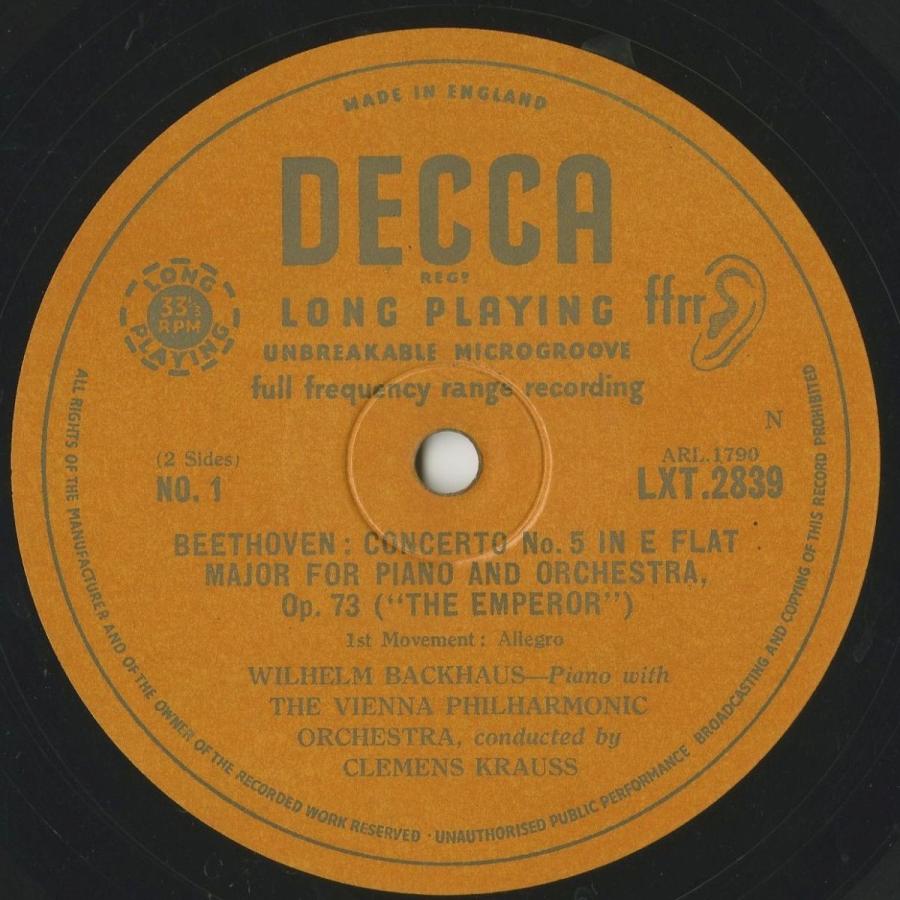＜中古クラシックLPレコード＞ベートーヴェン：ピアノ協奏曲5番Op.73「皇帝」/W．バックハウス（pf）C．クラウス指揮ウィーンpo．/英 ...