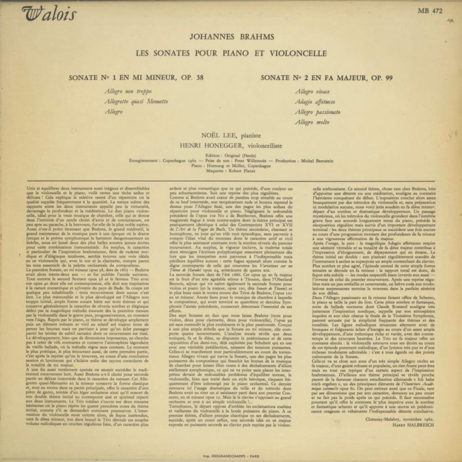 ＜中古クラシックLPレコード＞ブラームス：チェロ・ソナタ1番Op.38，2番Op.99/H.オネゲル（vc）N.リー（pf）/仏VALOIS：MB 472 : Silent Tone ...