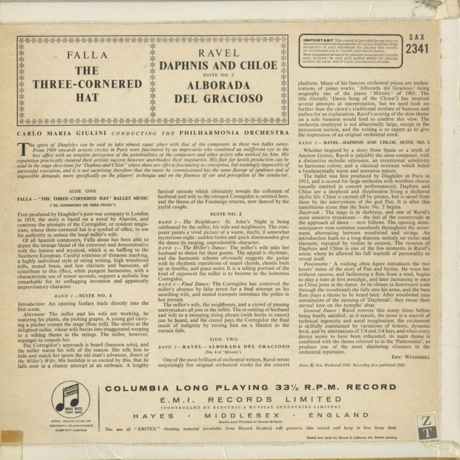 ＜中古クラシックLPレコード＞ファリャ：三角帽子，ラヴェル：ダフニスとクロエ第2組曲，道化師の朝の歌/C.M.ジュリーニ指揮フィルハーモニアo ...