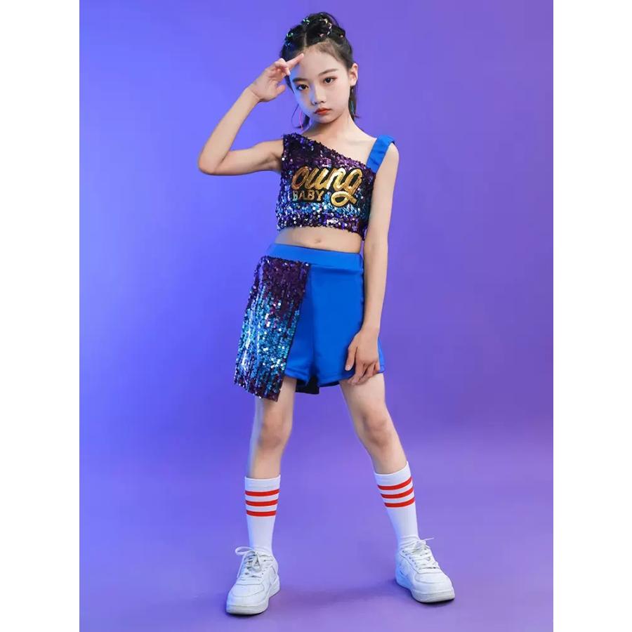 スパンコール衣装 派手 ガールズ キッズダンス衣装 セットアップ
