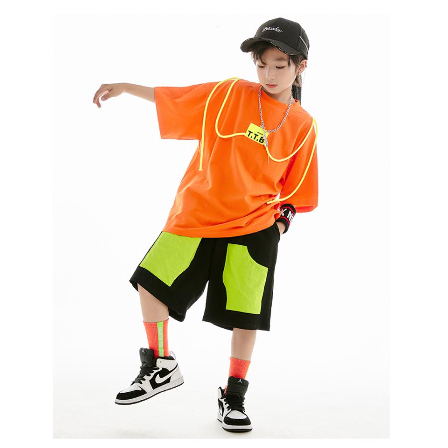 キッズ ダンス 衣装 オレンジ 黄緑 黒 ヒップホップ ダンス衣装 キッズ ダンス 衣装 オレンジ 黄緑 黒 ヒップホップ ダンス衣装