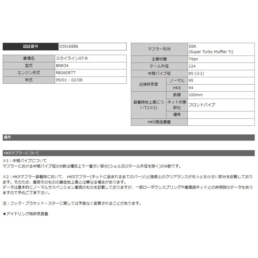 エッチケーエス スカイライン GF-BNR34 マフラー SSR Titan 31029-AN009 HKS Super Turbo ...