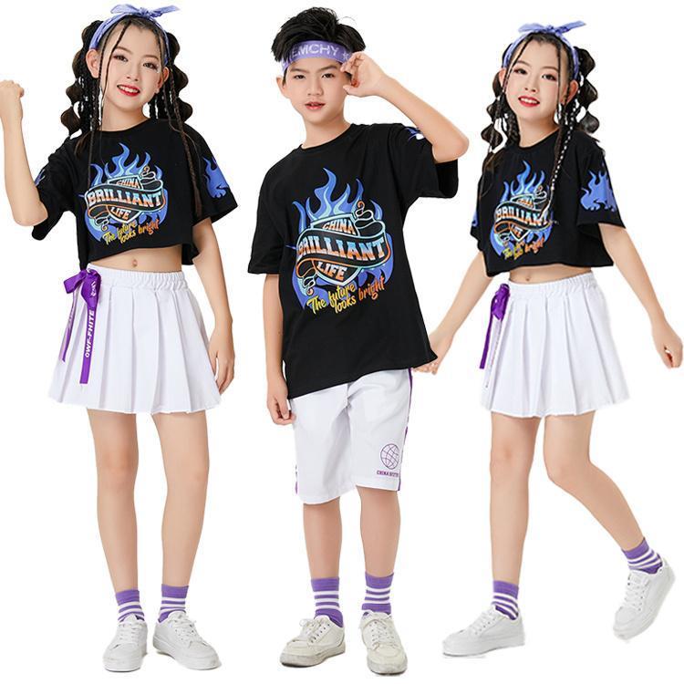ダンス衣装 キッズ 火柄 セットアップ 上下セット 女の子 男の子 ブルー 青 英字柄 へそ出し シャツ ホワイト スカート パンツ ヒップホップ パンツ 派手 半ズボ : shiro ...