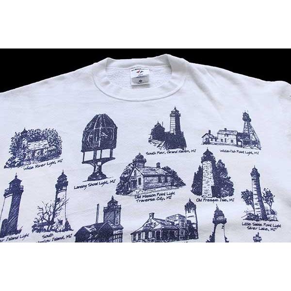 ★00s USA製 MICHIGAN RAGミシガンラグ 灯台柄 総柄 アート スウェット 白 L★オールド ホワイト オールオーバープリント ...