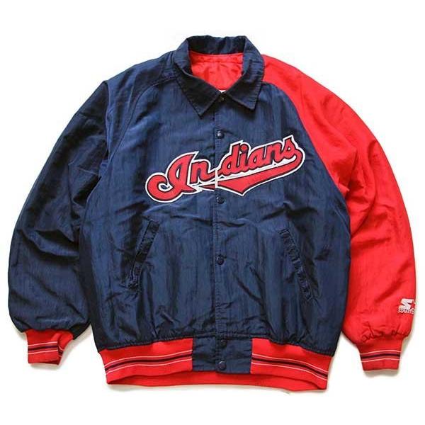 STARTER 90s USA製 STARTERスターター MLB CLEVELAND Indians ツートン アシンメトリー 中綿入り ナイロンスタジャン 紺×赤 S★ジャケット ...