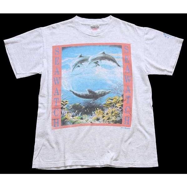 90s USA製 SEAWATCH PROTECT OUR SEA LIFE イルカ 両面プリント アート Tシャツ 杢ライトグレー M★オールド 水族館 ウミガメ : Used ...