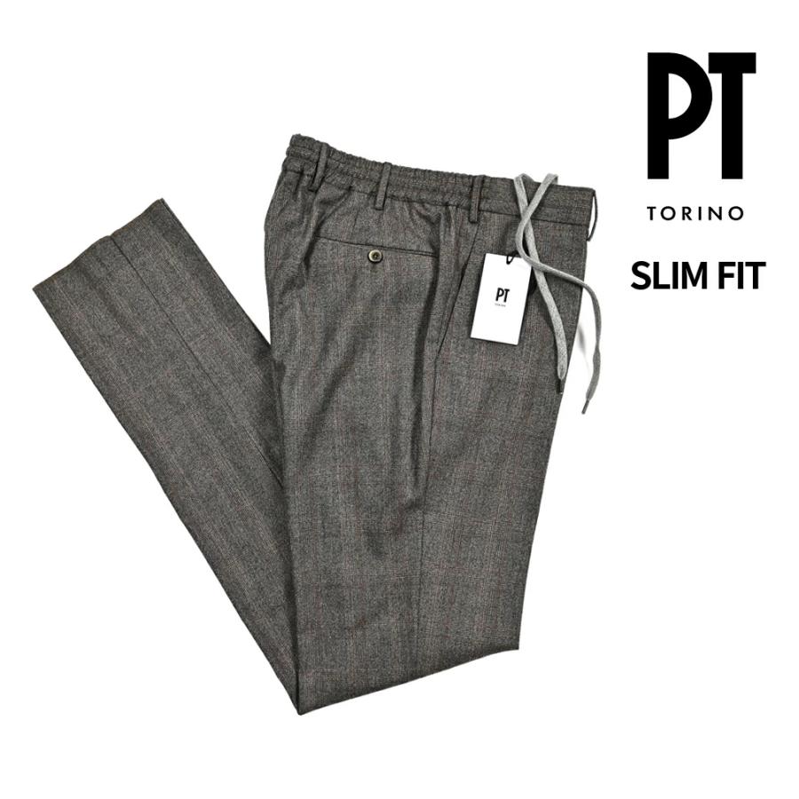 ピーティートリノ PT TORINO SLIM FIT スラックス ノータック ドローコード パンツ ストレッチヴァージンウール グレンチェック グレー PT01 : 415034 ...