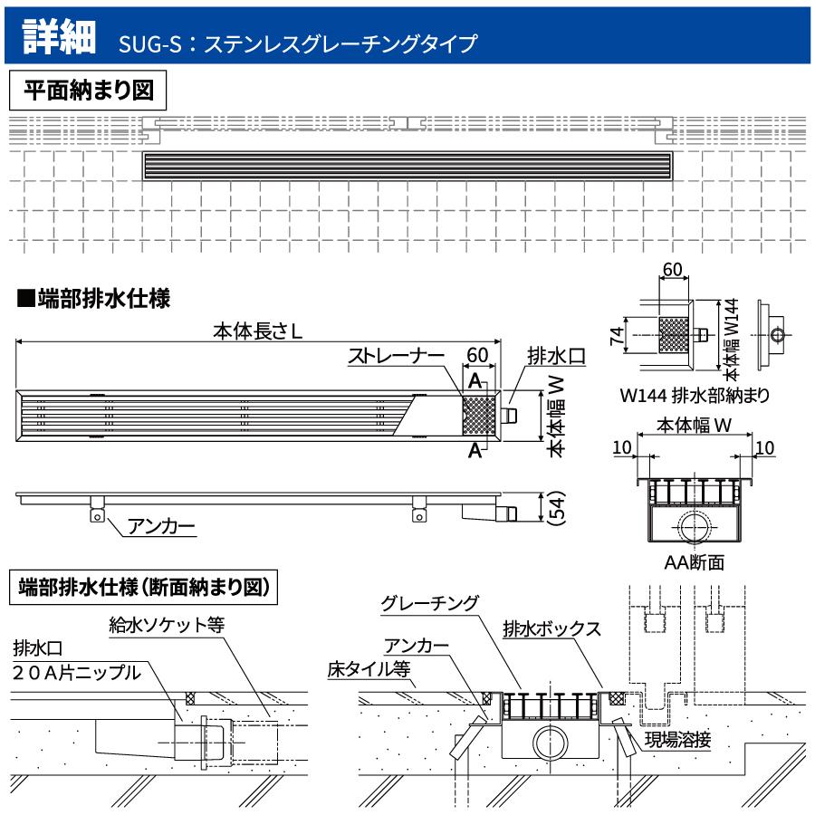 排水ユニット ステンレスグレーチングタイプ SUG-SR1520E 本体幅W：144mm 本体長さL：1994mm 端部排水仕様 ※個人宅配送不可※ ダイケン DAIKEN : DIY 建材 ...