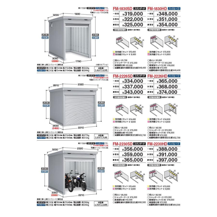 イナバ物置 稲葉製作所 車庫 ガレージ バイク保管庫 FM-2230SD スタンダード 多雪型 土間タイプ 間口2210×奥行3050×高さ2085mm バイク 倉庫 ガレ : DIY 建材 ...