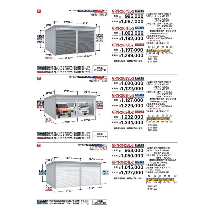 イナバ物置 稲葉製作所 車庫 倉庫 ガレージ ガレーディア GRN-2662HL-2 ハイルーフ 一般型 間口5260×奥行6275×高さ2660mm 2台収納タイプ 倉 : DIY 建材市場 ...