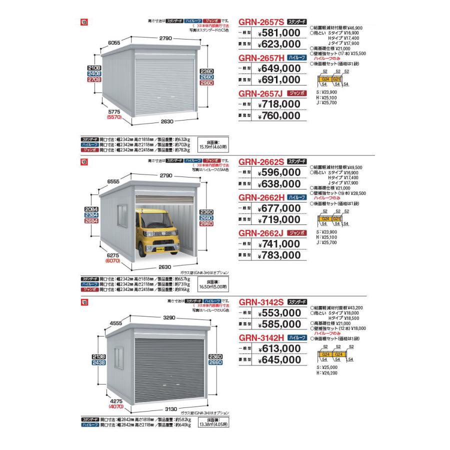 イナバ物置 稲葉製作所 車庫 倉庫 ガレージ ガレーディア GRN-2662J ジャンボ 豪雪型 間口2630×奥行6275×高さ2960mm 1台収納タイプ ガ : DIY 建材市場 ...
