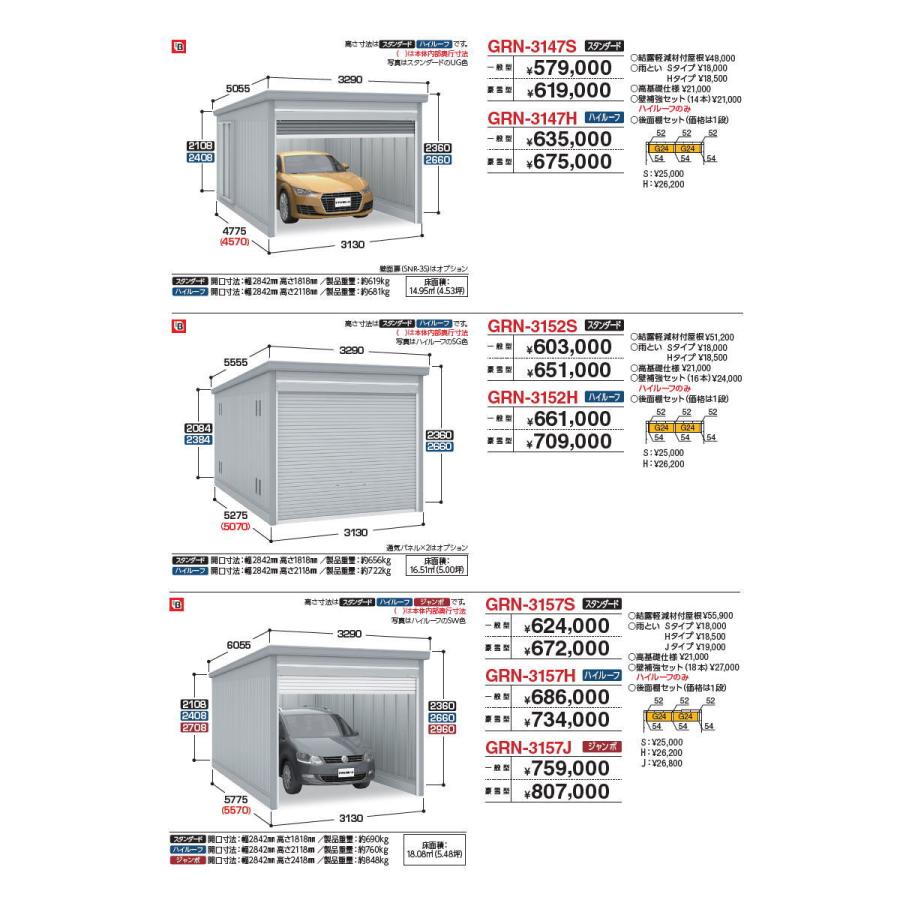 イナバ物置 稲葉製作所 車庫 倉庫 ガレージ ガレーディア GRN-3152H ハイルーフ 一般型 間口3130×奥行5275×高さ2660mm 1台収納タイプ : DIY 建材市場 ...