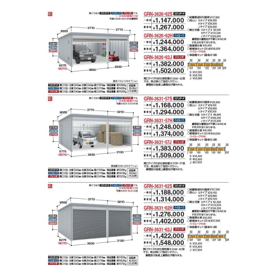 イナバ物置 稲葉製作所 車庫 倉庫 ガレージ ガレーディア GRN-3631・57S スタンダード 豪雪型 間口6760×奥行5775×高さ2360mm 2台収納タイプ 車 : DIY 建材 ...