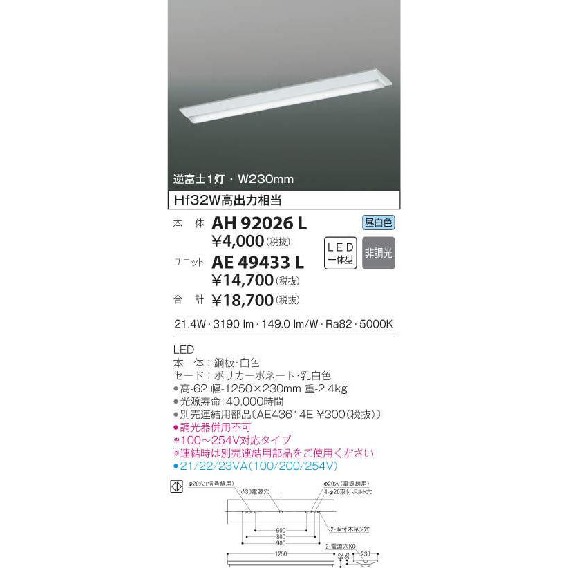 コイズミ照明 KOIZUMI ベースライト ストレートタイプ・直付型 AH92026L 本 体 AE49433L ユニット 逆富士1灯・Hf32W高出力相当 :ko13-61sa ...