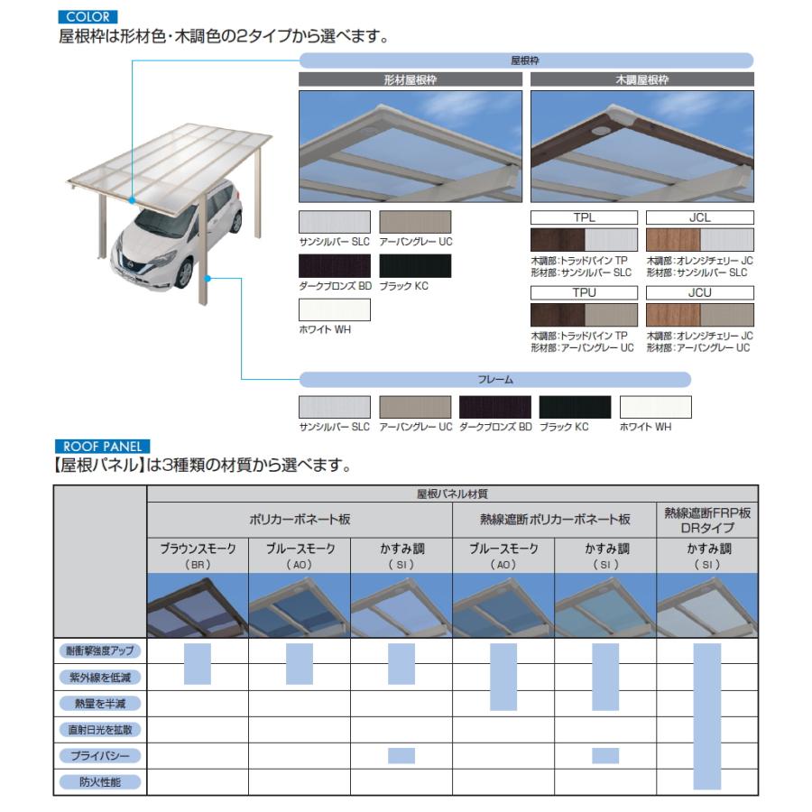 カーポート 1台用 H28 呼称：5424 スカイリード 片側支持・基本タイプ 木調屋根枠 パネル：ポリカーボネート板 耐風圧強度：風速42m/s相当(耐積雪量：30c : sk11-skl ...