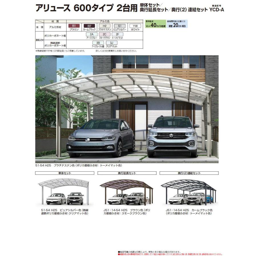 【エリア限定販売】 カーポート 2台用 YKK YKKap アリュース 600タイプ 奥行延長セット J57・14-48 H22 屋根ふき材：ポリカーボネート板 YCD-A（奥 : DIY ...