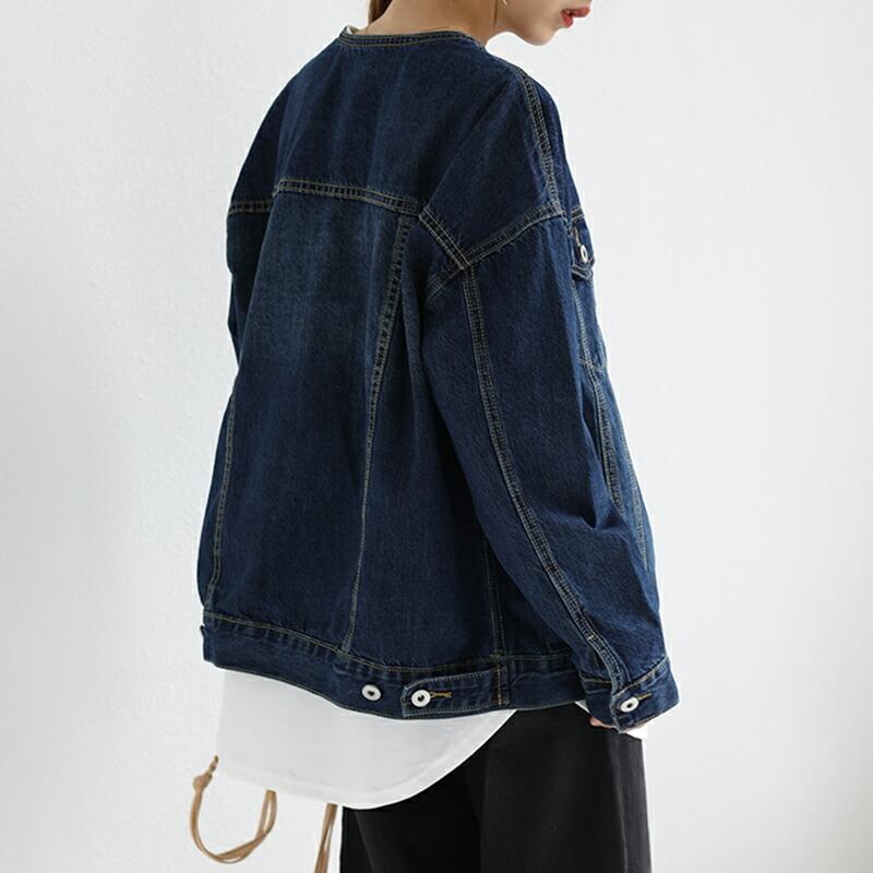 ノーカラー デニムジャケット アウター ビッグサイズ ゆったり 秋 冬 春 ママコーデ レディース カジュアル 20代 30代 40代 50代 ...