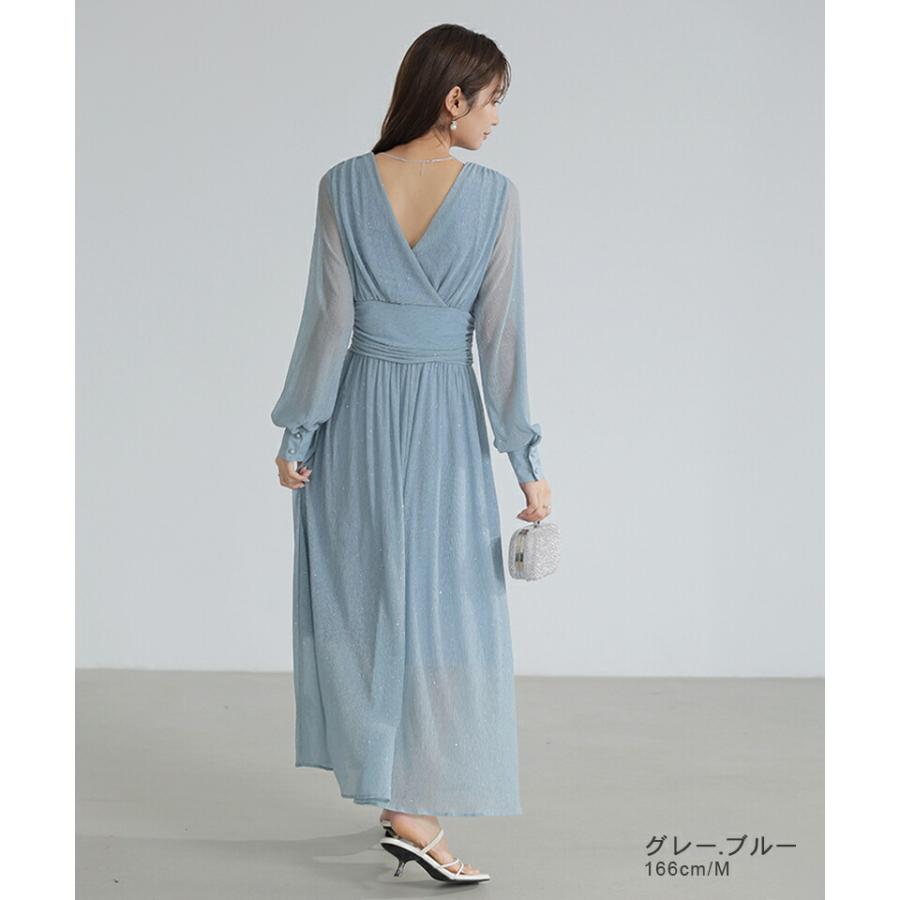 パーティードレス カシュクール Vネック ワンピース ドレス パーティー 結婚式 長袖 袖あり ロング丈 シアー 大きいサイズ ゆったり 体型カバー 春 パーティードレス カシュクール Vネック ワンピース ドレス パーティー