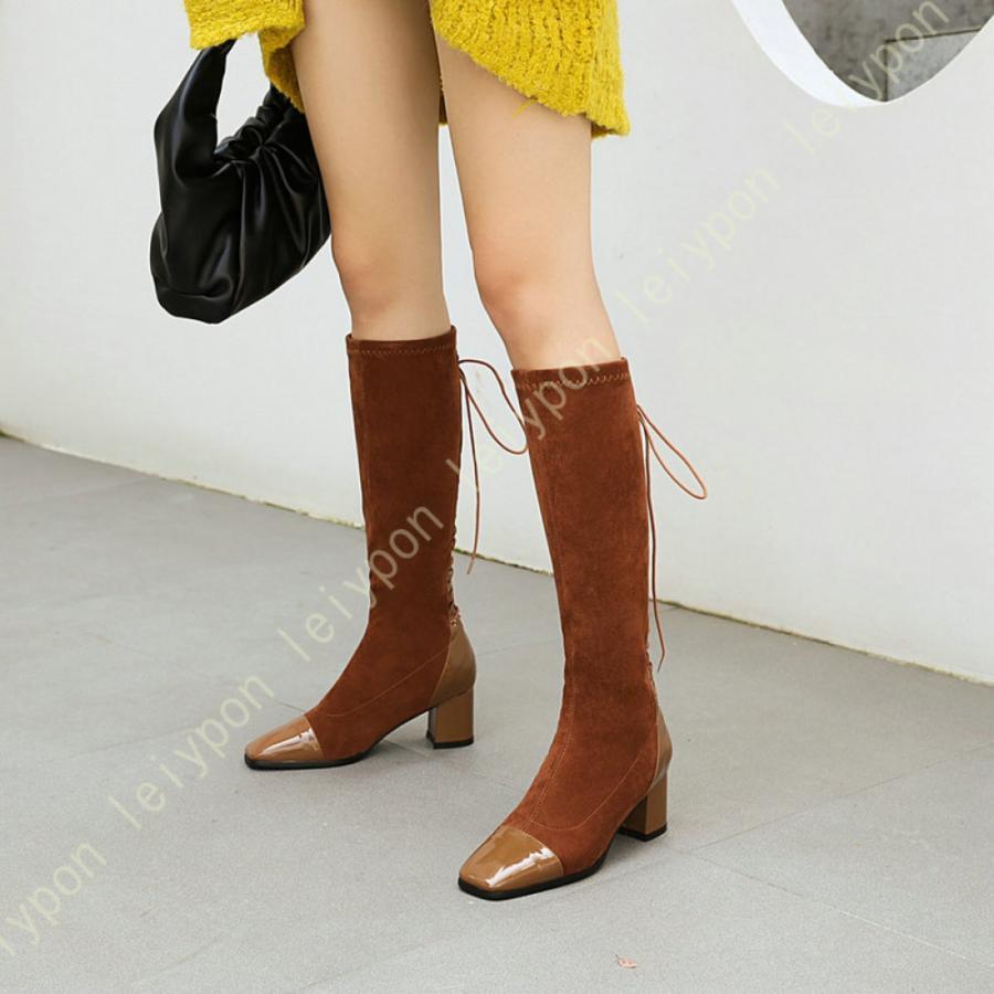 ブーツ チャンキーヒール スウェード 太ヒール ストレッチ ロングブーツ 6センチヒール 歩きやすい 履きやすい ブラック 錦ワインレッド 22.5 24.5 秋冬 ブーツ チャンキーヒール スウェード 太ヒール ストレッチ ロング