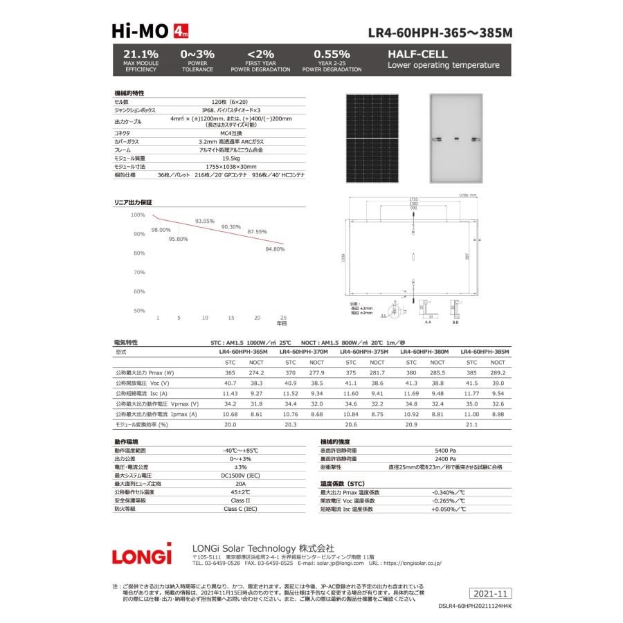ソーラーパネル ロンジ 単結晶375W LR4-60HPH-375M-30 厚み30mm 19.5kg PERC LONGi 太陽光 発電 モジュール : ソーラーオフ Yahoo!店 ...