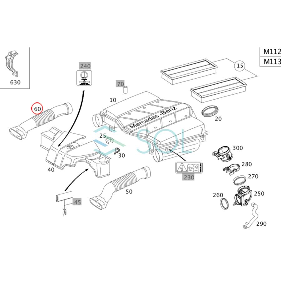 Mercedes-Benz ベンツ W203 エアインテークパイプ エアインテークホース 右側 M112エンジン(V6) C240 C320 ...