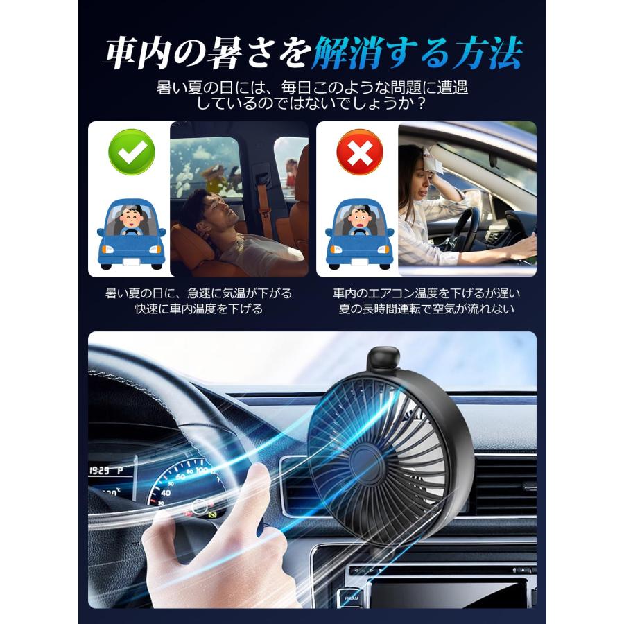 Chelhead 車用扇風機 USBポート付き 360°角度調整 無段階風量調節 強力 静音 蒸れ解消 空気 サーキュレーター 車内熱中症対策 : hh54a3f27b39 ...