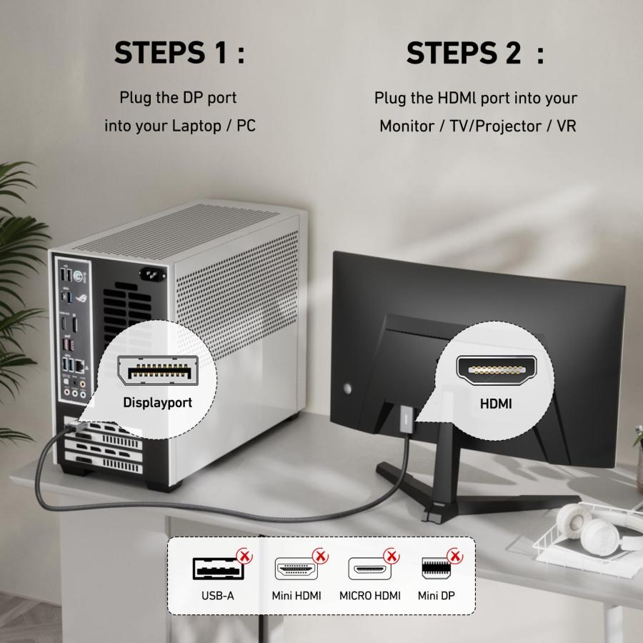 BENFEI 4K DisplayPort - HDMI 1.8m ケーブル アルミニウム シェル、ナイロン編組、単方向 DP 1.2 コンピュ : SOLVERTEX - 通販 ...