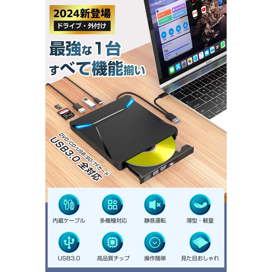外付けDVDドライブ 2024新モデル・6つ多機能 ポータブルドライブ 薄型 typeC/USBポート CD/DVDプレイヤー 静音 高速 軽量 : SOLVERTEX - 通販 ...