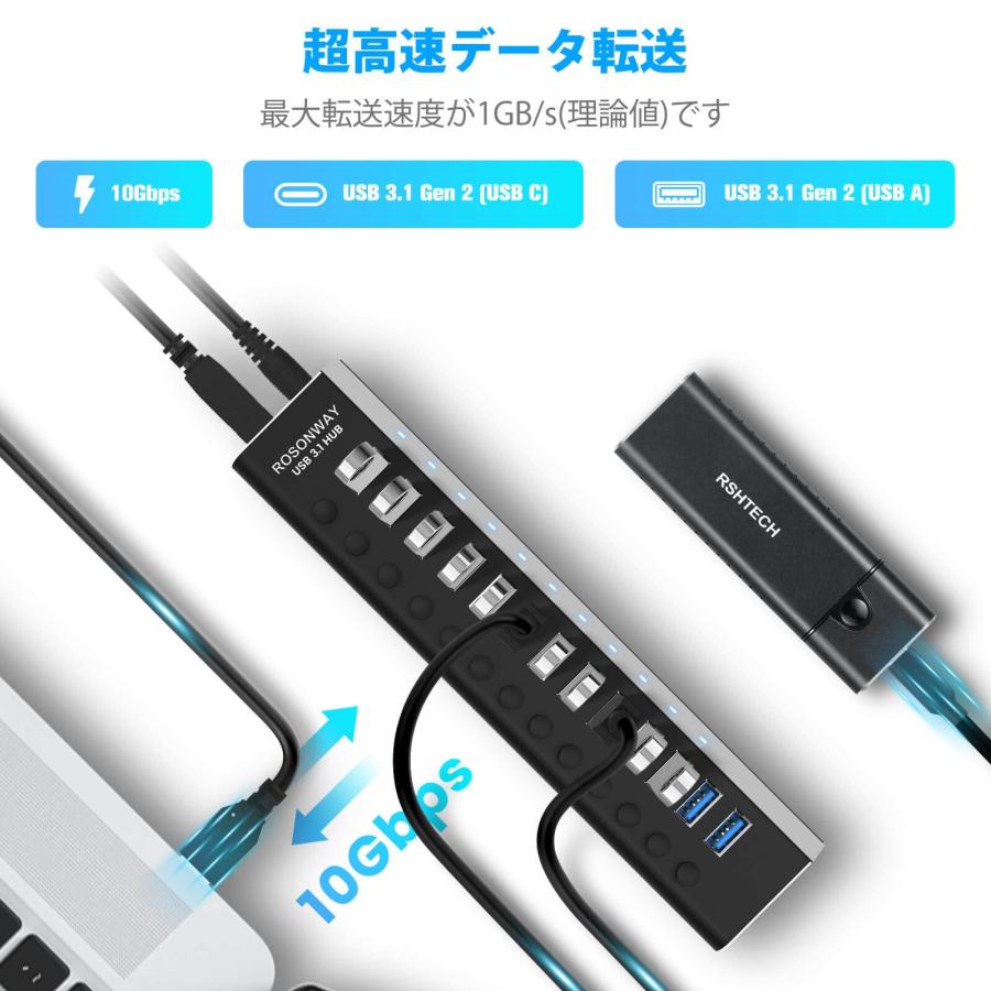 ROSONWAY USB ハブ 3.1 Gen2 10Gbps 13ポートアルミ製 72W HUB セルフパワー USBケーブルとTyp : SOLVERTEX - 通販 - Yahoo!ショッピング