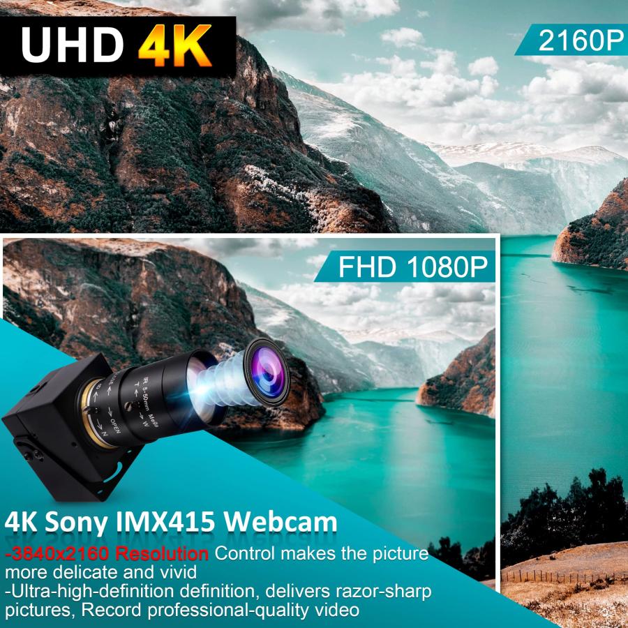 4K USBカメラ、CMOS IMX 415イメージセンサー付き、ELP 5-50 mm 10 X光学手動ズームレンズUSB Webカメラ ...