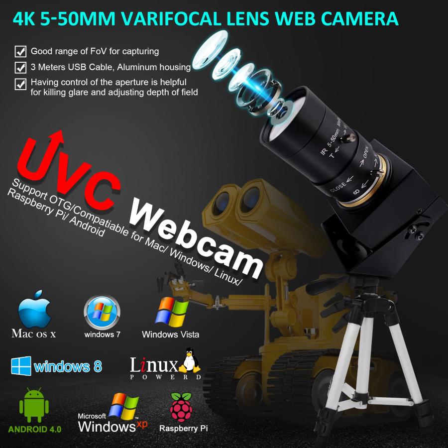 4K USBカメラ、CMOS IMX 415イメージセンサー付き、ELP 5-50 mm 10 X光学手動ズームレンズUSB Webカメラ ...