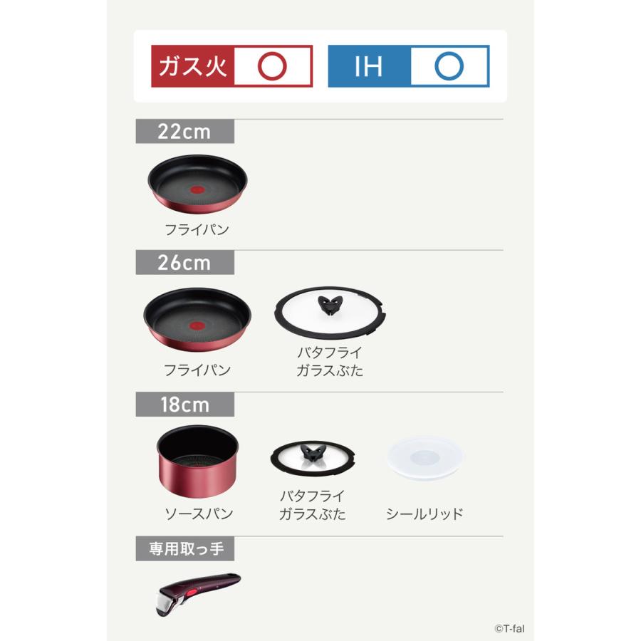 インジニオ・ネオ ティファール T-fal IHルージュ・アンリミテッド セット7 L38395 送料無料 / 7点セット IH対応 ガス火対応 フライパン 22cm 26cm ソースパン ...
