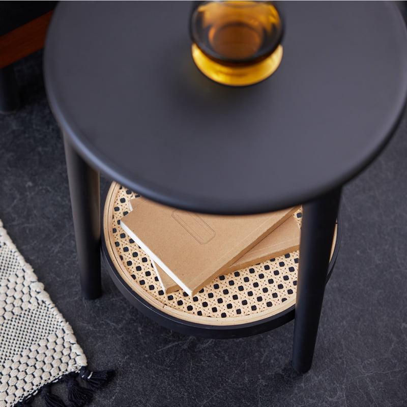 サイドテーブル テーブル 丸 円 ラタン 2段 収納 寝室 木製 北欧 韓国インテリア シンプル おしゃれ カフェ 可愛い ブラック ホワイト モノトーン 0465 : Living ...