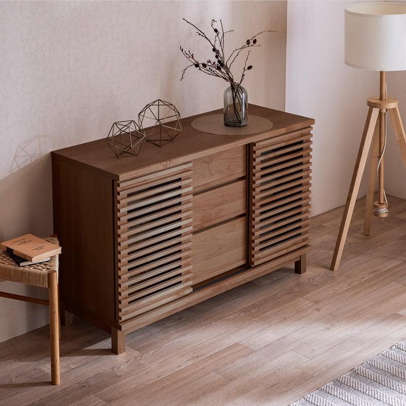 サイドボード 120cm キャビネット リビングボード 引き出し リビング収納 ルーバーデザイン おしゃれ 和モダン シンプル 無垢材 ブラウン ナチュラル 国産 0547 : Living ...