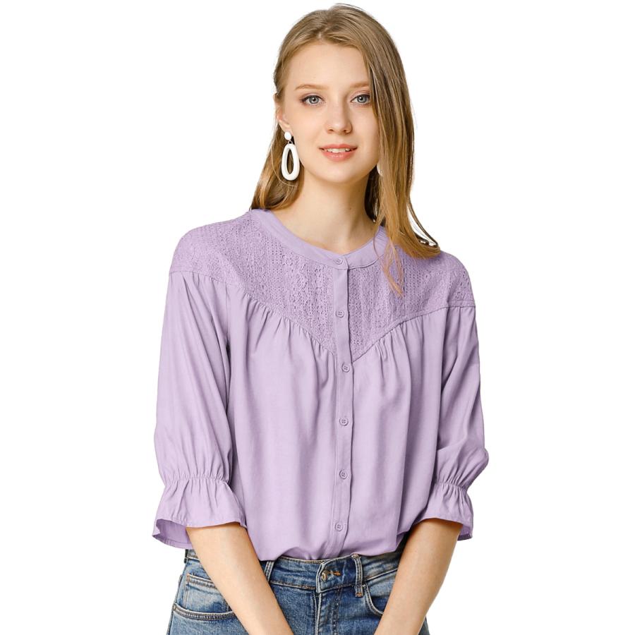 uxcell Allegra K レース ブラウス シャツ トップス ボタンシャツ 七分袖 無地 レディース パープル M : ソウテン2号店 - 通販 - Yahoo!ショッピング