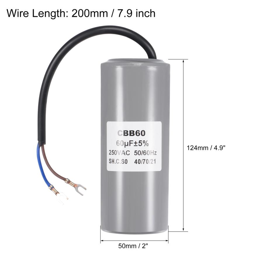 uxcell CBB60ランコンデンサ 60uF 250V AC 2ワイヤー 50/60Hz 124x50 mm ウォーターポンプ モーター用 : a21051300ux0032 : ソウテン ...