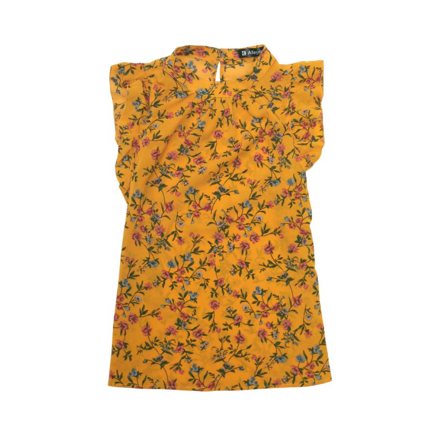 uxcell Allegra K フリルトップス 花柄 フローラルプリント ブラウス キーホール ノースリーブ スタンドカラー イエロー S ...